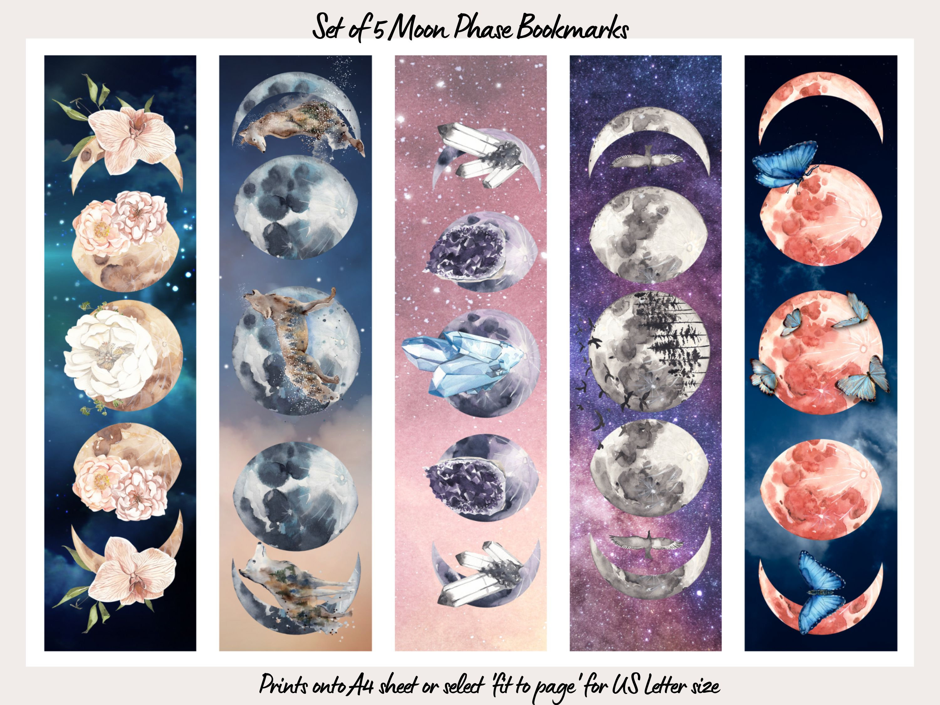 Moon Phase Printable Bookmarks, Watercolour Style Double Sided ...