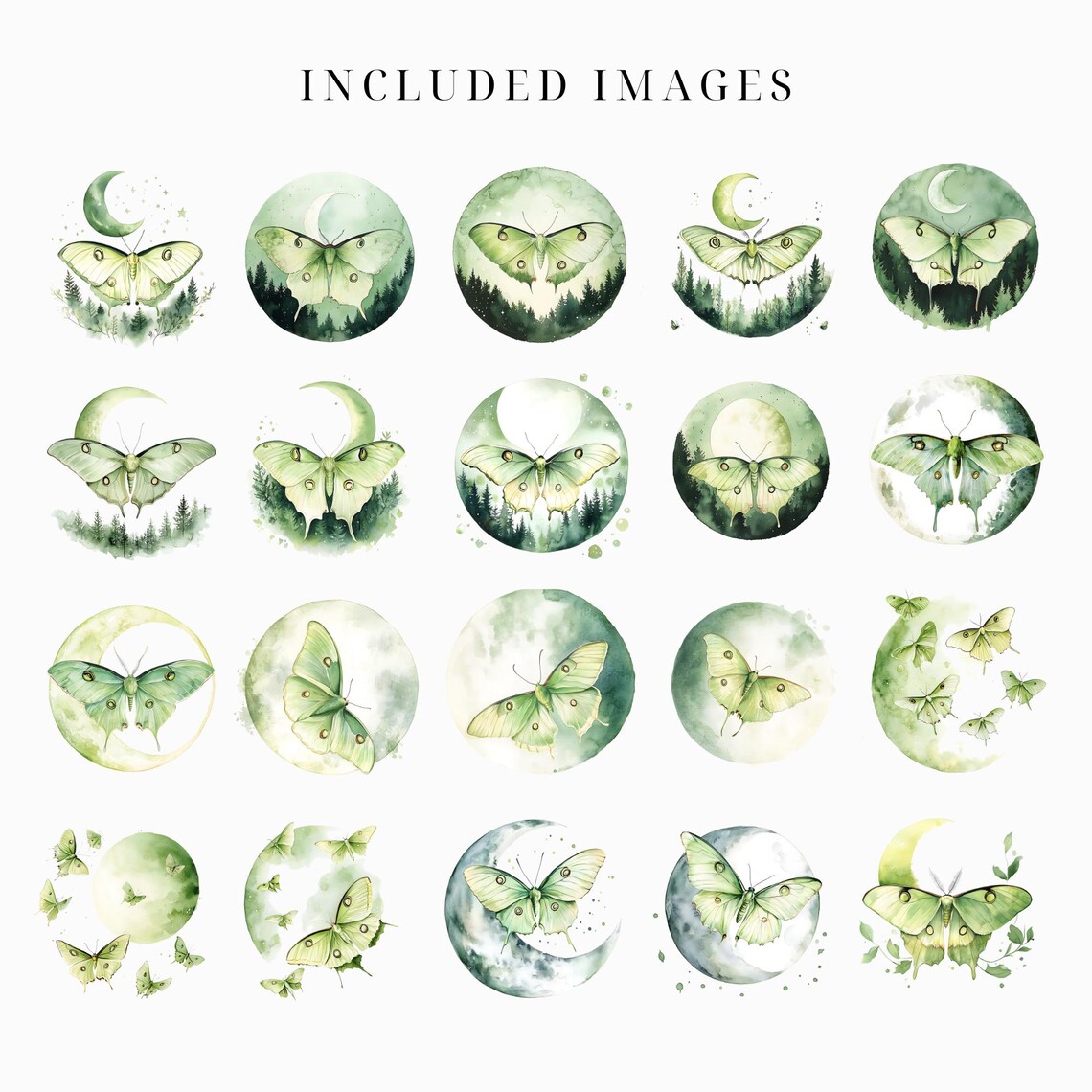 Luna Moth Watercolor Clipart, Moon and Forest Scenes Digital ...