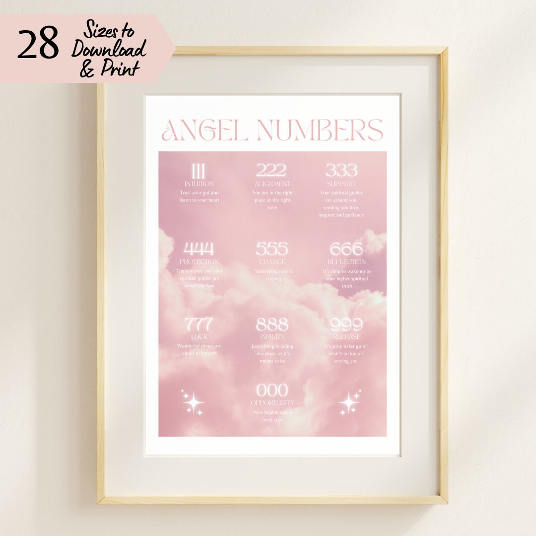 Angel Numbers Wall Art Digital Download, Pink Clouds, Trendy Bedroom ...
