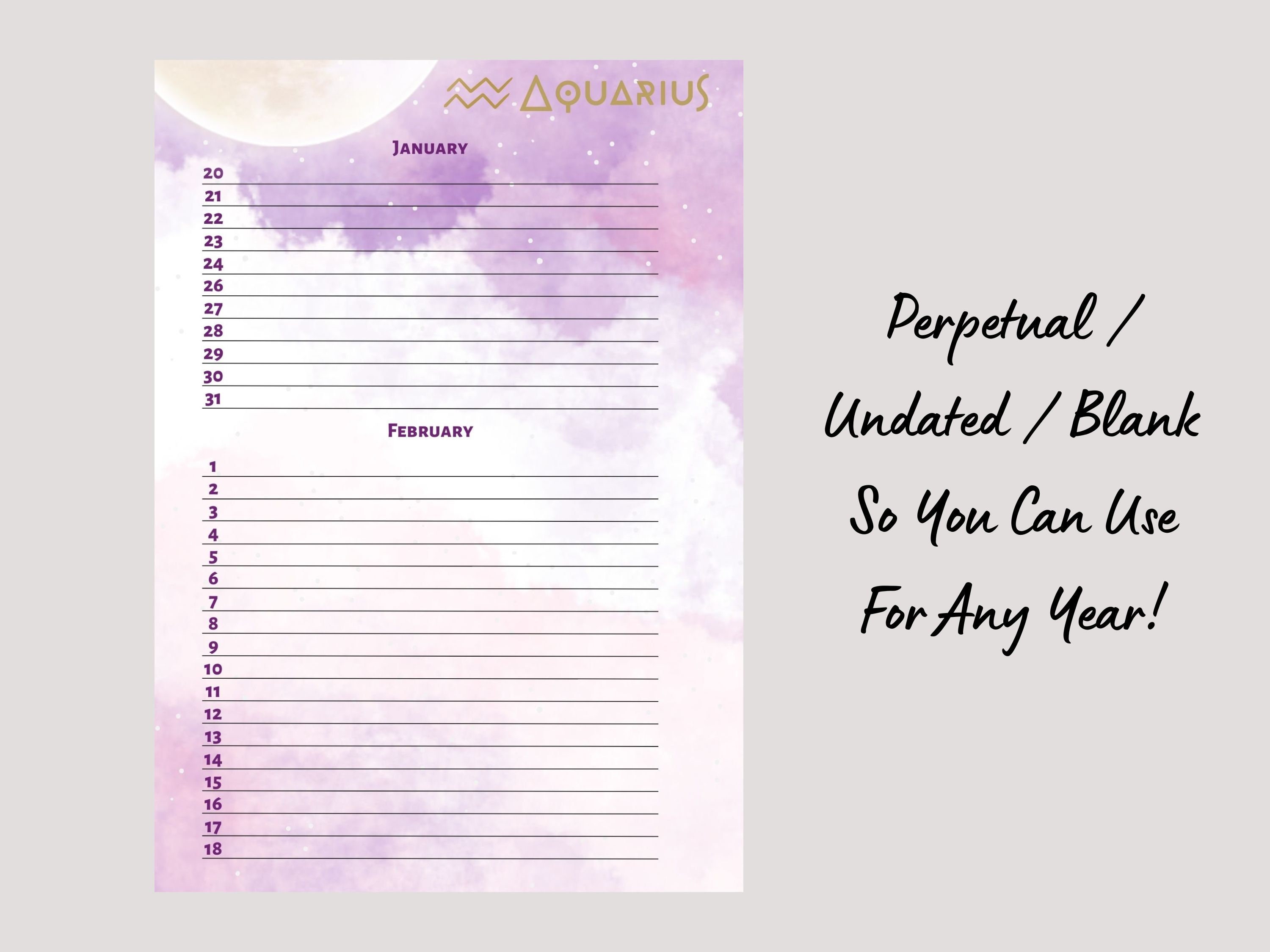 Zodiac Sign Printable Perpetual Birthday Calendar, Watercolour Moon ...