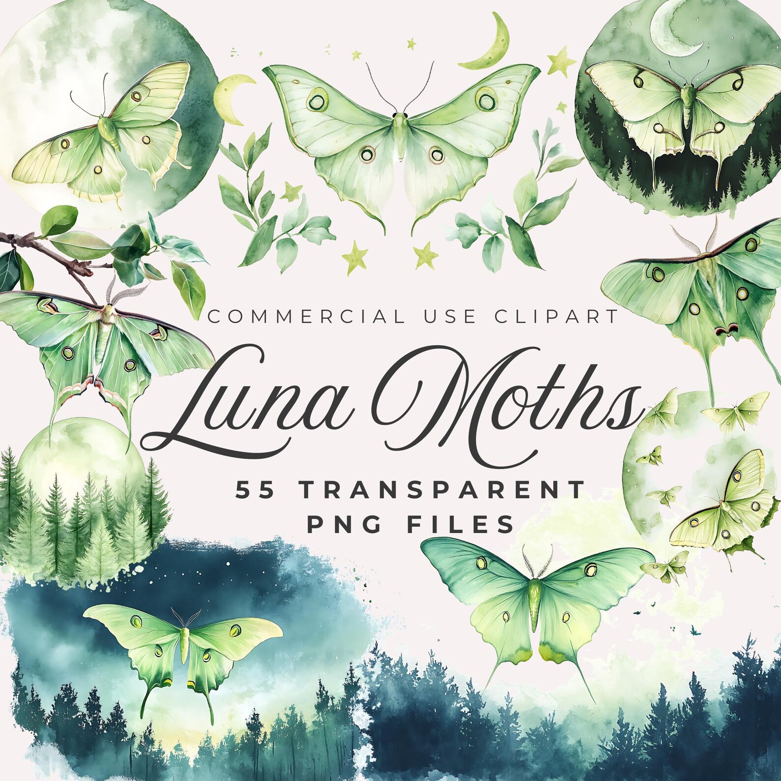 Luna Moth Watercolor Clipart, Moon and Forest Scenes Digital ...