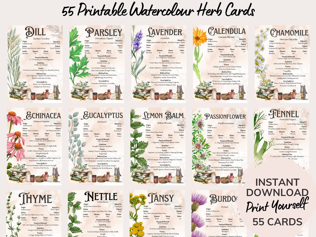 Printable Watercolour Herb Cards, Vintage Witch Style, Pentagram Jars ...