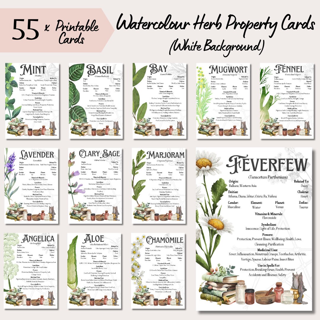 Watercolour Herb Cards, Witch Style Herb Cards, Herbal Healing ...