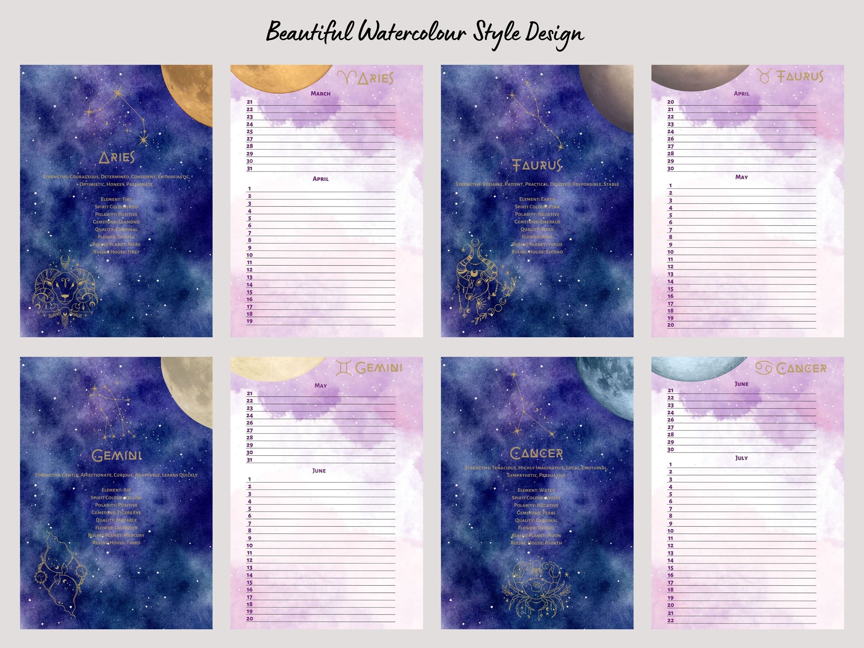 Zodiac Sign Printable Perpetual Birthday Calendar, Watercolour Moon ...