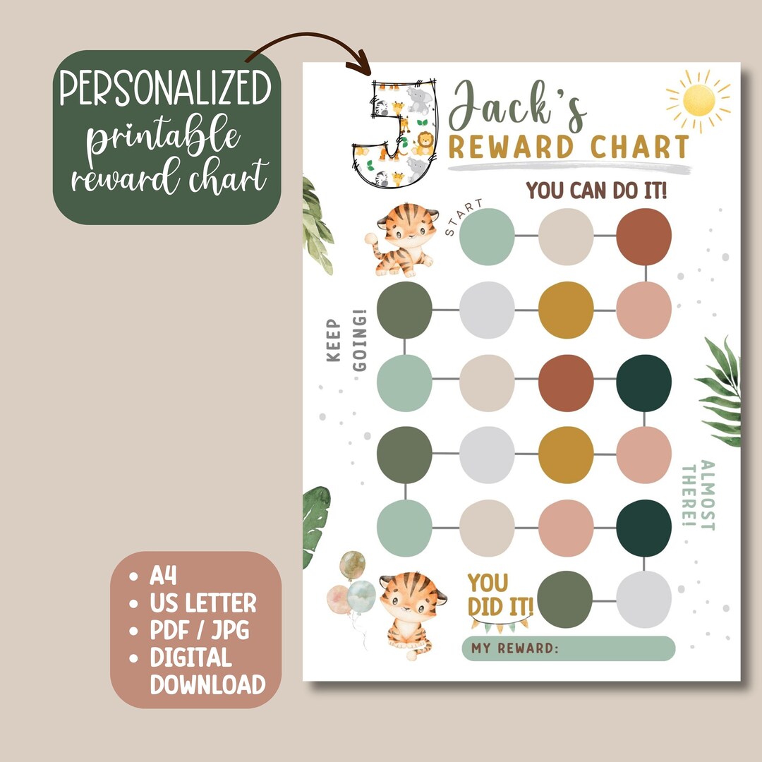 Personalized Printable Safari Animals Kids Reward Chart | Kids Habit ...