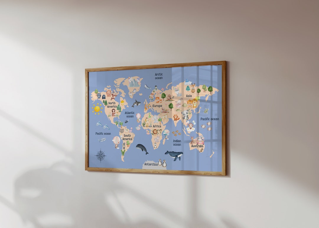 Kids World Map Wall Art, World Map Animals Print, World Map for ...