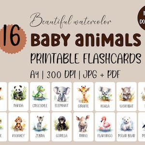 Watercolor Baby Animals Printable Flashcards for Kids, Kids Educational ...