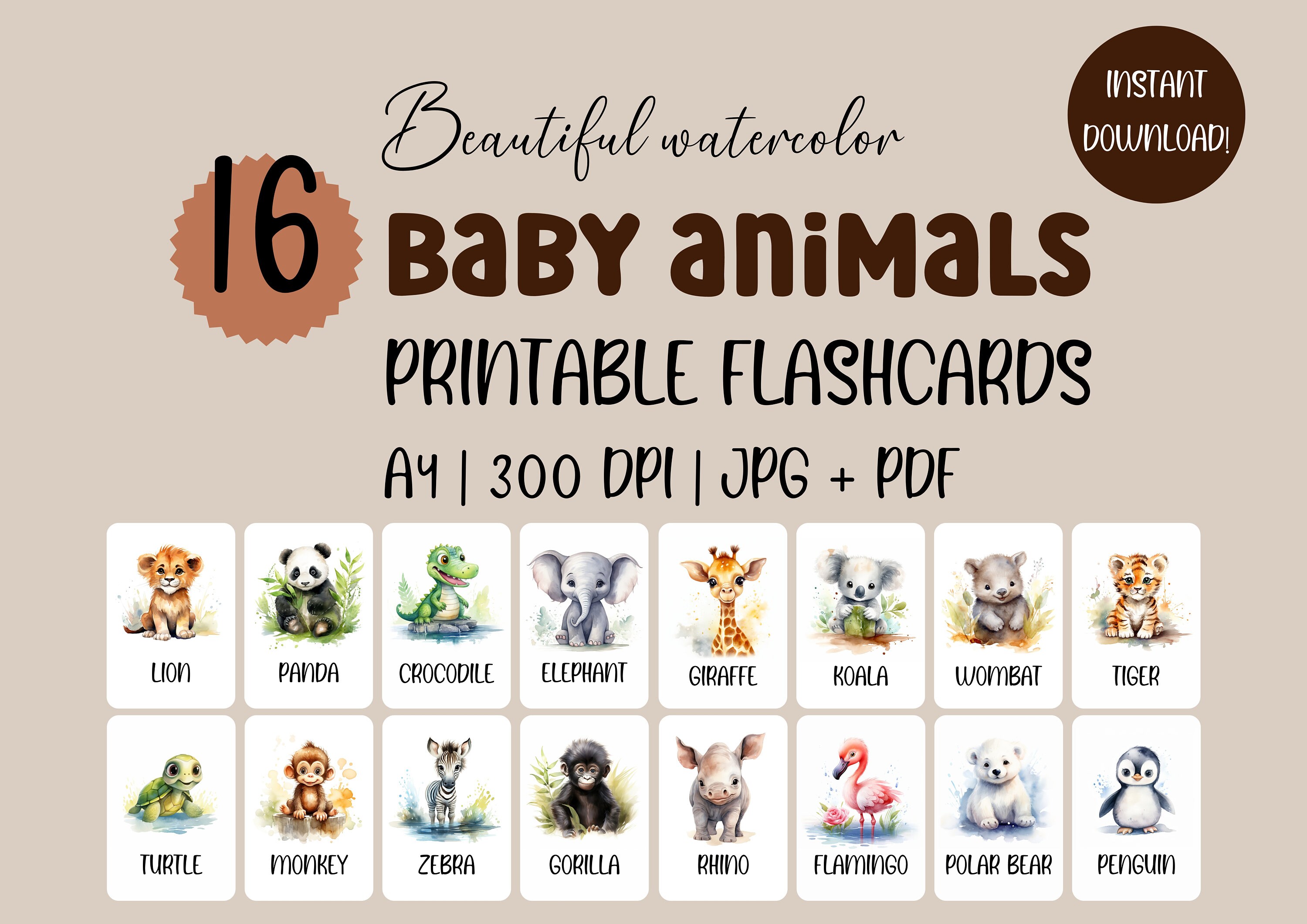 Watercolor Baby Animals Printable Flashcards for Kids, Kids Educational ...