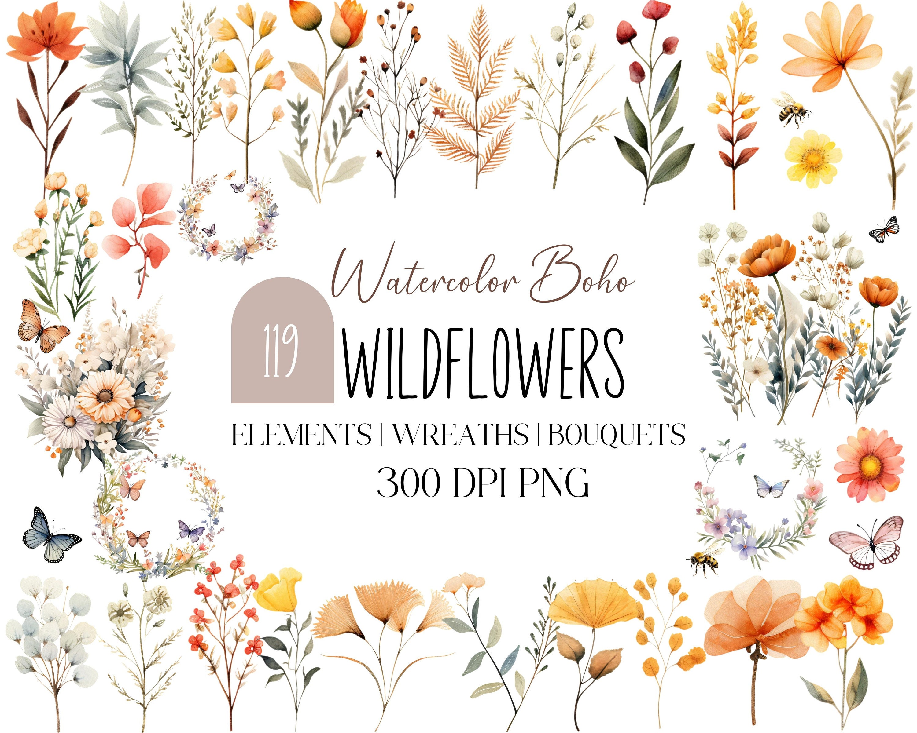 Watercolor Wild Flower Clipart, Boho Wild Flowers, Watercolor Clipart ...
