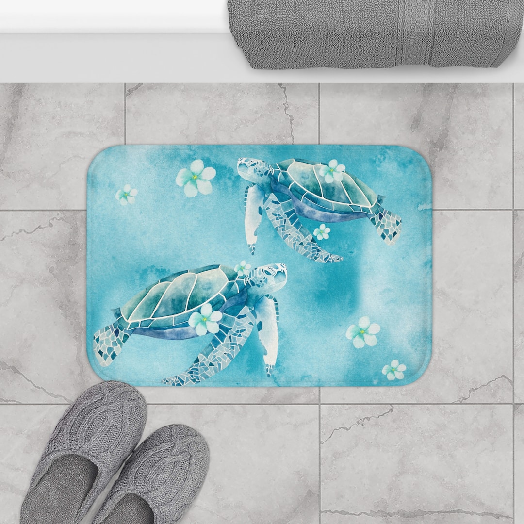Turtle Serenade: Watercolor Turtle Bath Mat With Floral - Etsy