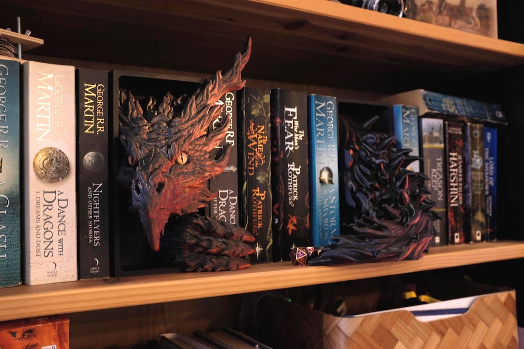 Fire Dragon Book Nook With Tail, Epic Inferno Dragon Fantasy Bookends ...