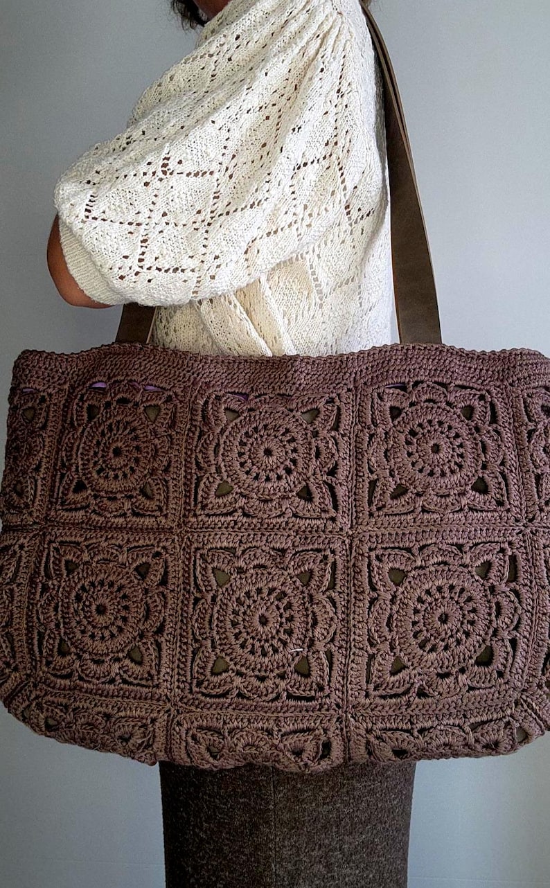 Brown Crochet Bag With Leather Handles: Crochet Tote ,vintage Style ...