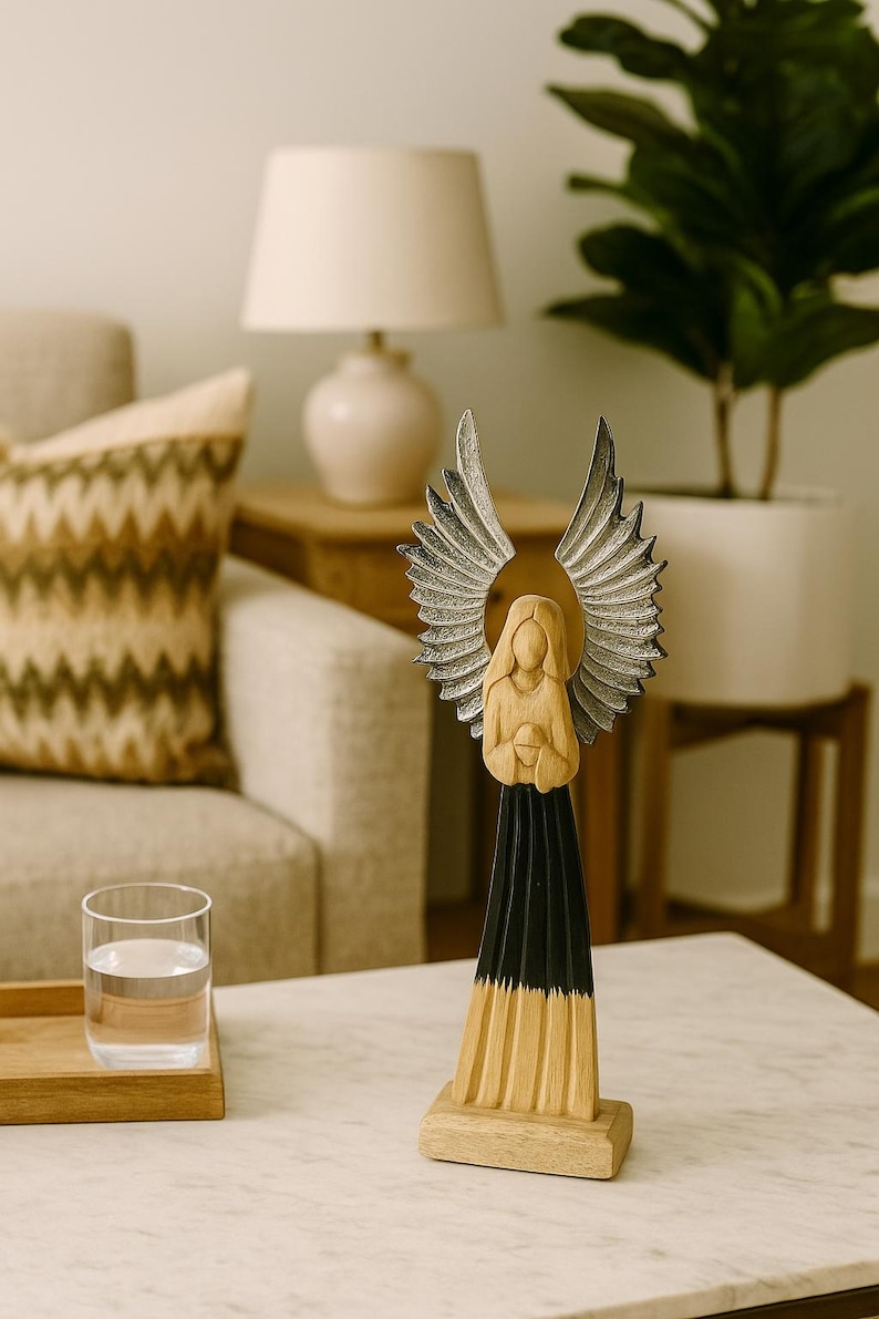 Hand Carved Mango Wood Angel Statue: Enamel Detail, Metal Wings - Etsy