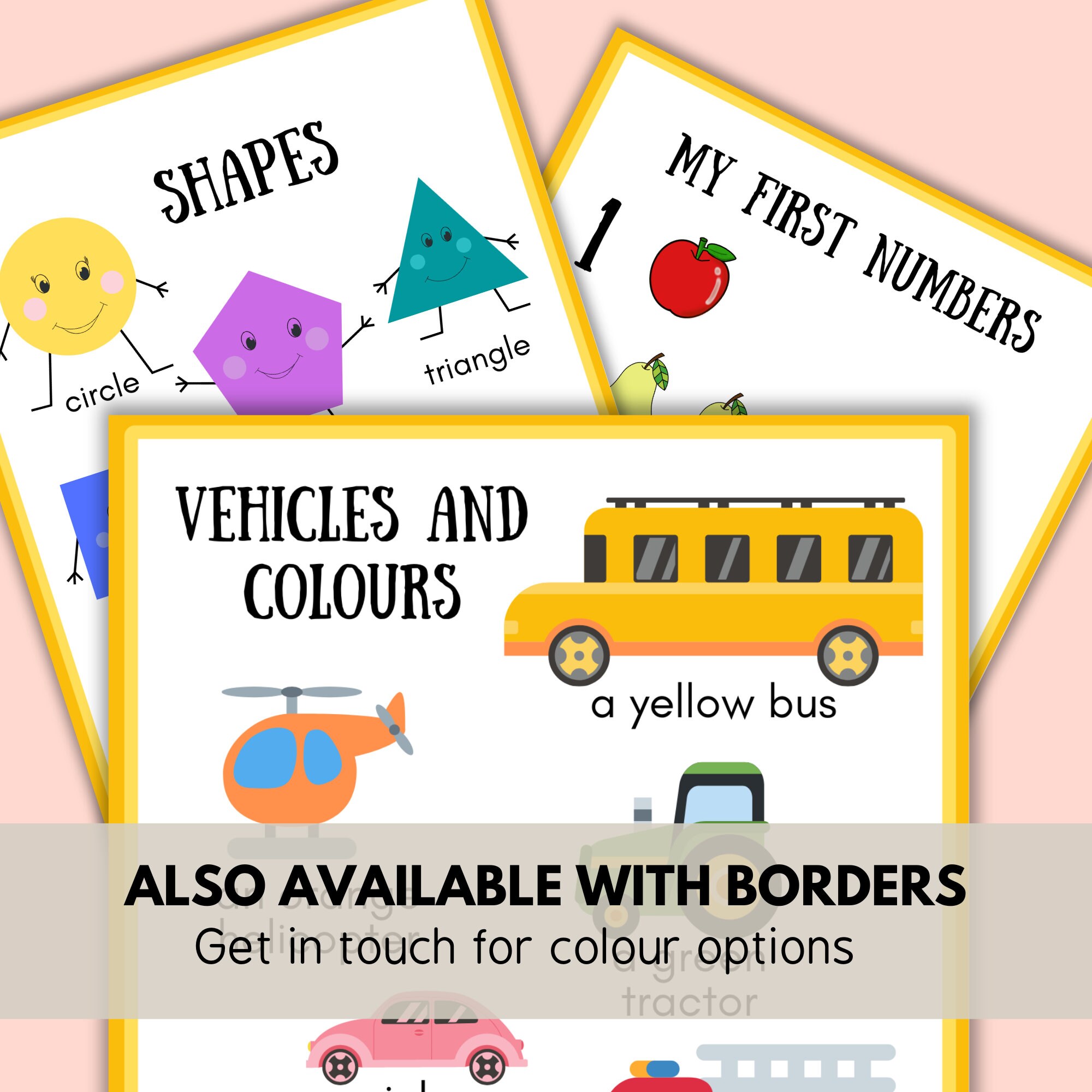 Set of 3 Educational Posters for Children Colours and Vehicles, Shapes ...