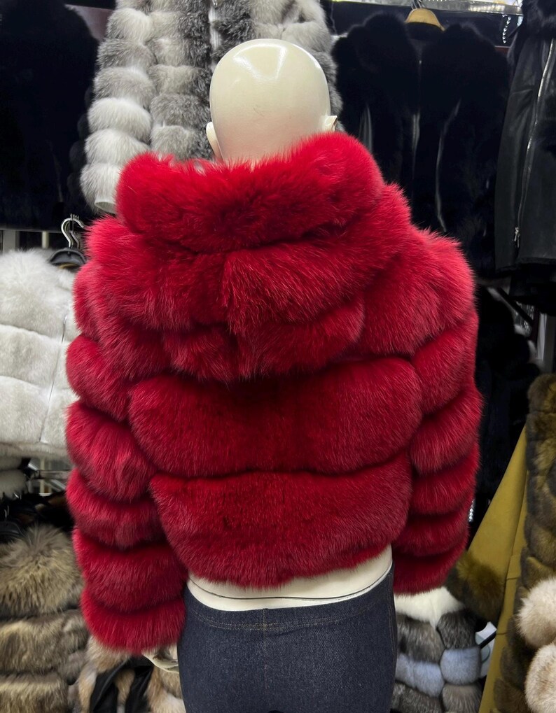 Red Color Cropped Short Real Fox Fur Jackets Women Coat Hooded Straight ...