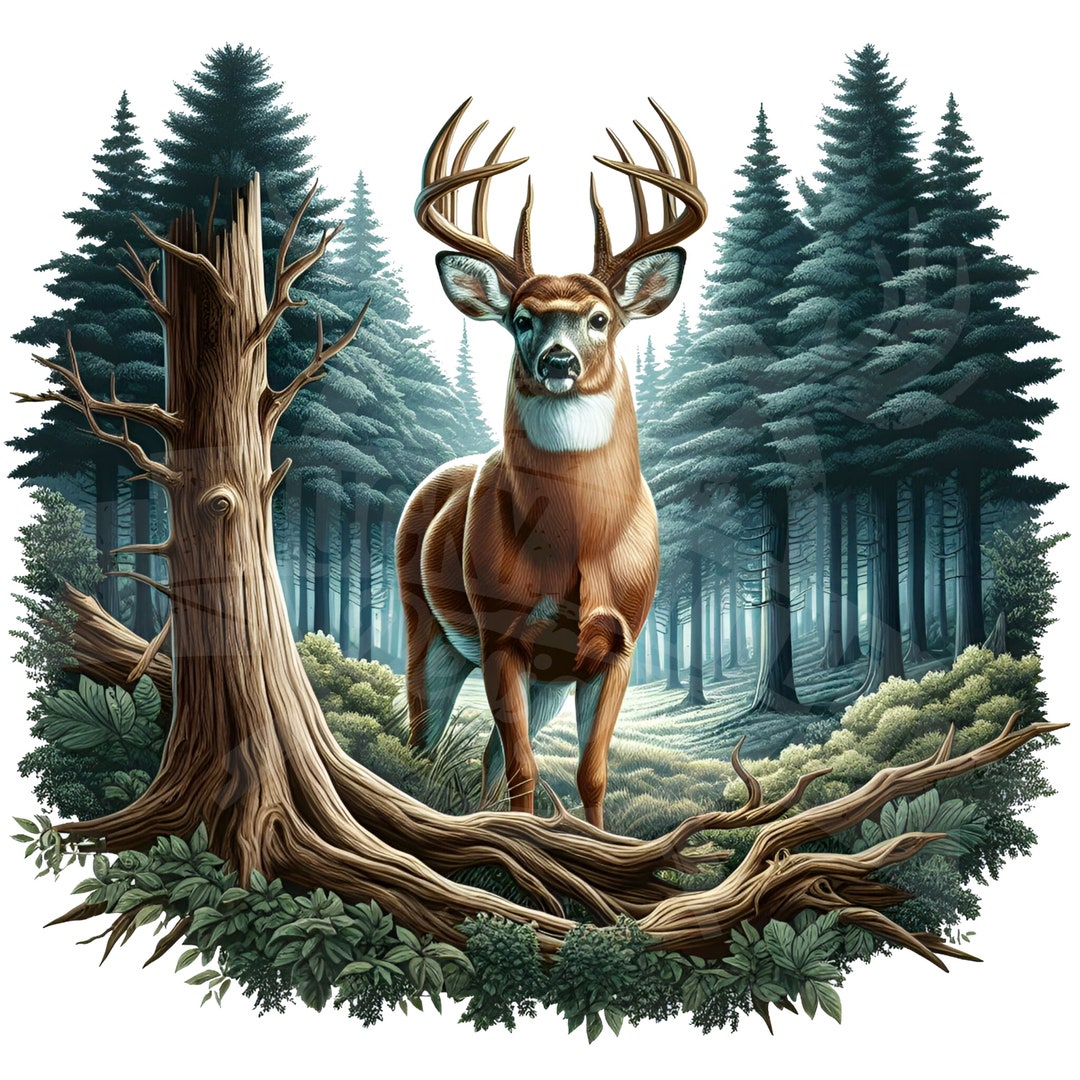 Vintage Deer in Forest Png | Retro Buck in Woods Png | Watercolor Buck ...