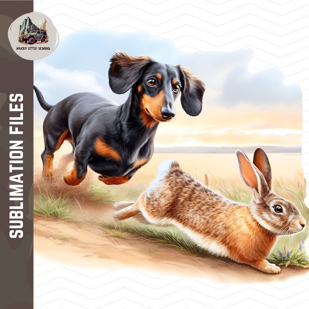 Watercolor Rabbit Hunt Wall Art Dachshund PNG Dachshund and Hare Rabbit ...