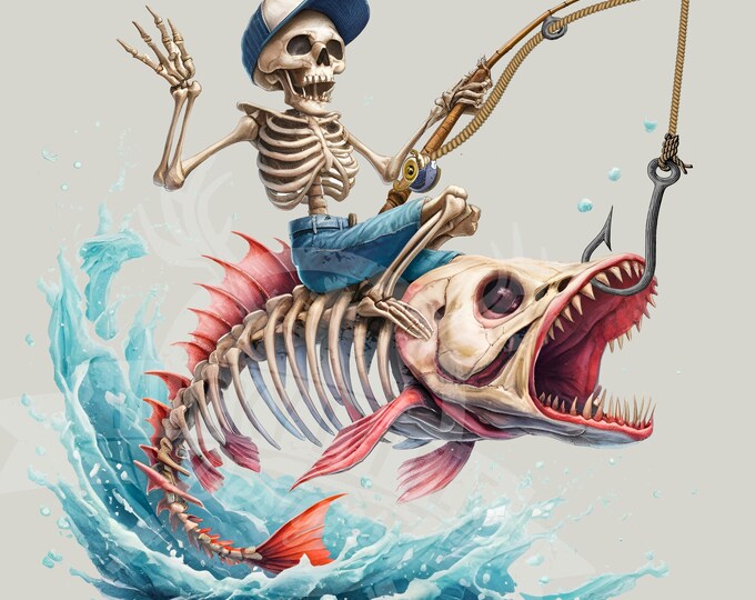 Skeleton Fisherman PNG: Bass Fishing Sublimation Design (digital ...