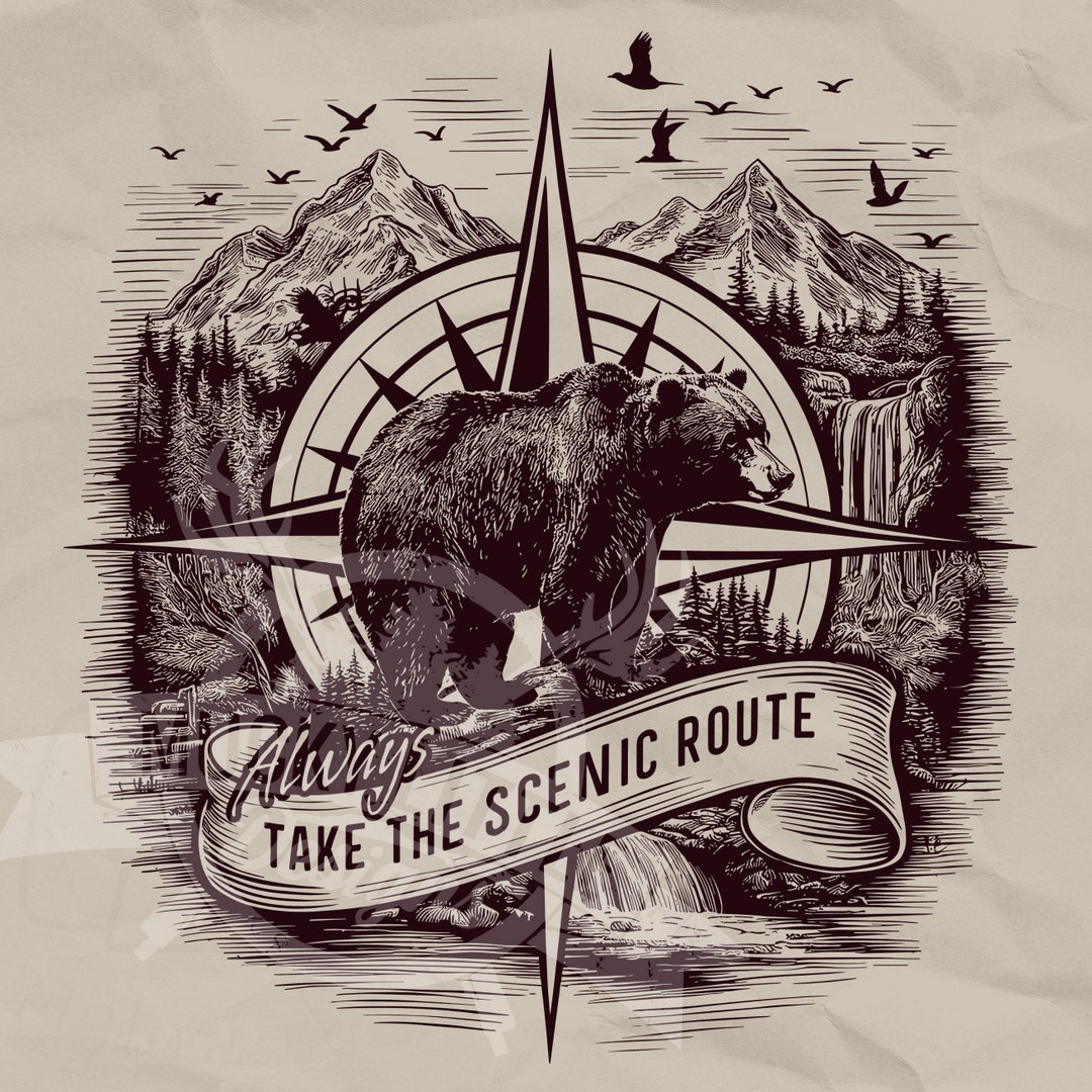 Scenic Route Bear Compass PNG: Hiking Sublimation Design (digital ...