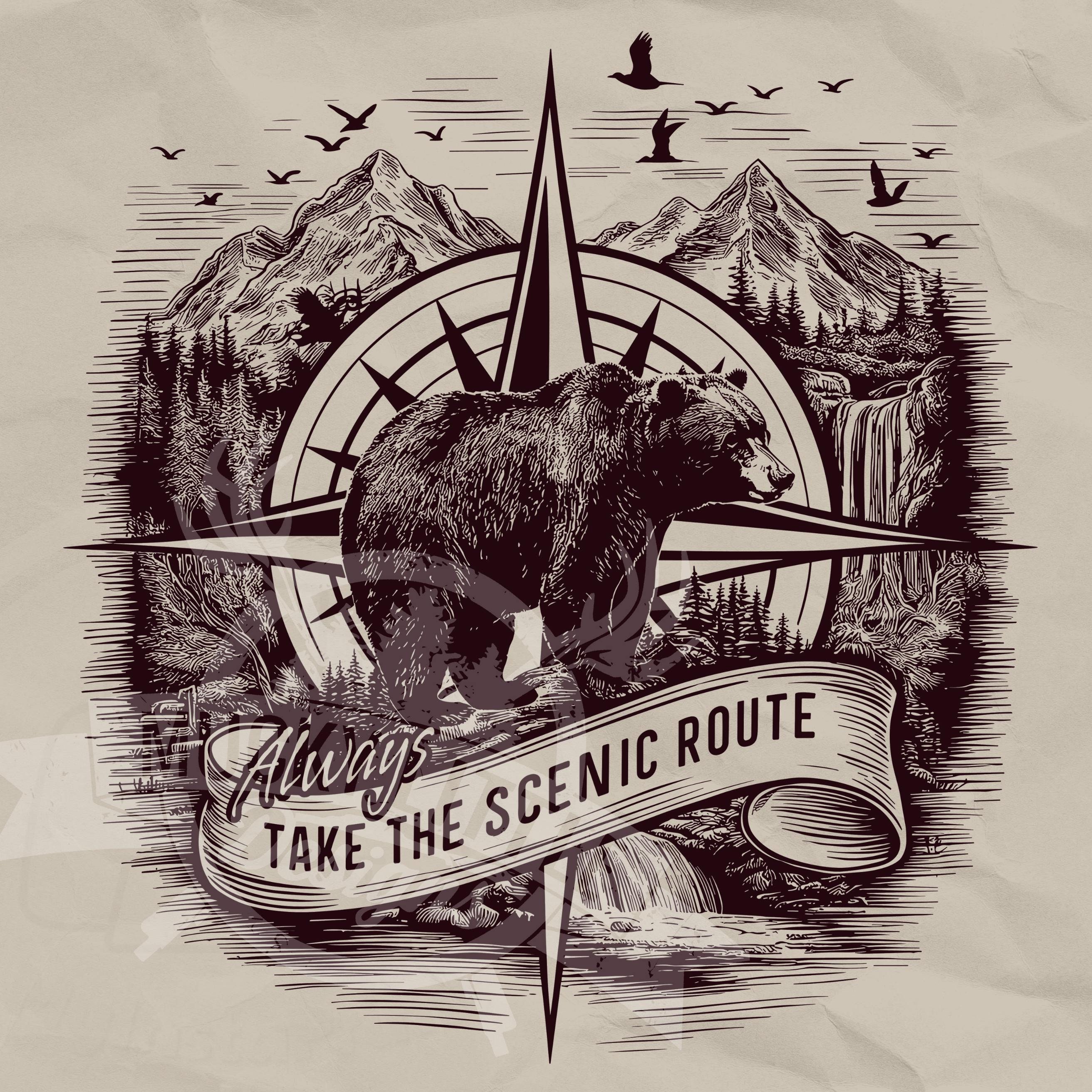 Scenic Route Bear Compass PNG: Hiking Sublimation Design (digital ...