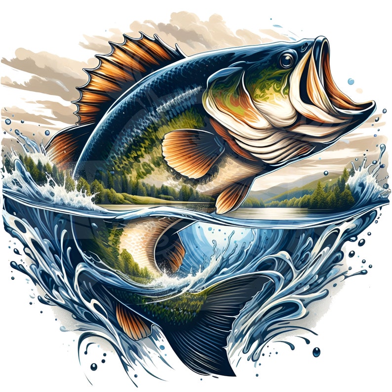 Watercolor Jumping Bass PNG: Wilderness Fishing Scene (digital Download ...