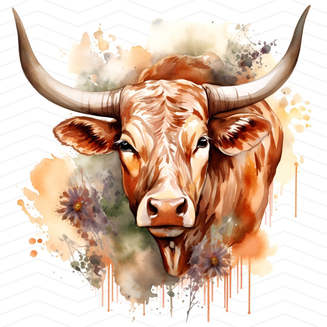 Watercolor Longhorn Head Watercolor Longhorn Png Longhorn Printable ...