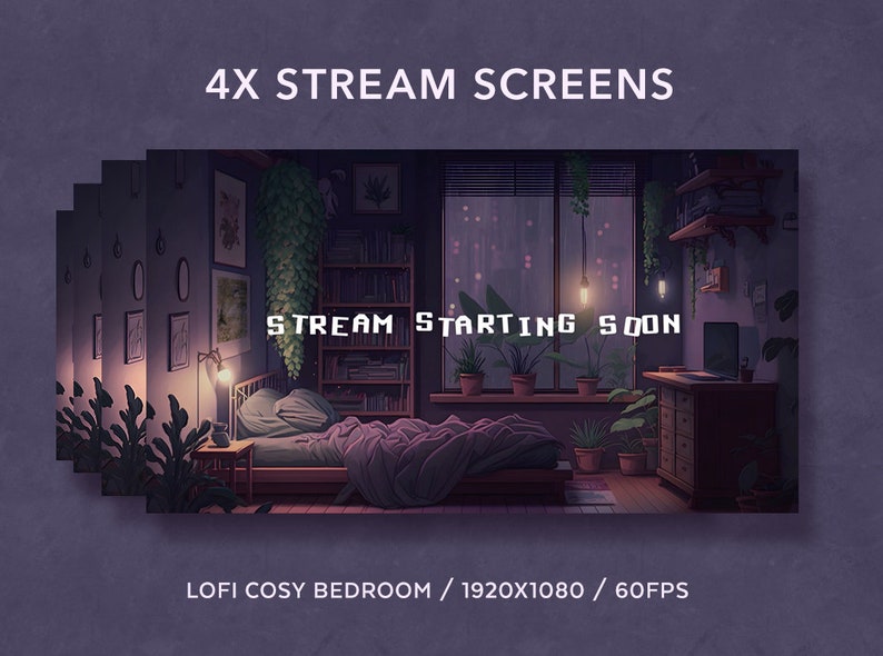 4x Stream Screens | Cosy Purple Lofi Bedroom | Starting Soon Screen ...