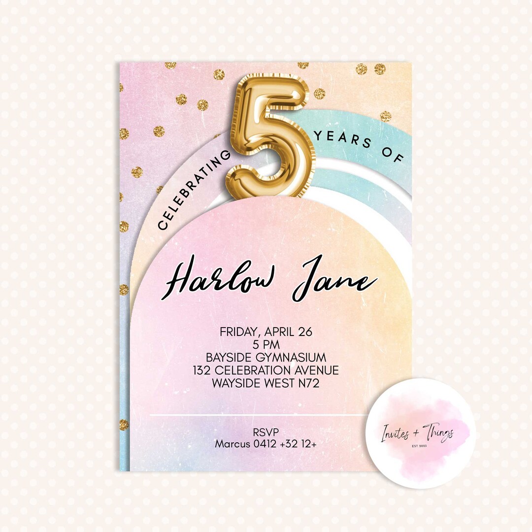 Editable Rainbow 5th Birthday Party Invitation DIY 5th Birthday Balloon ...