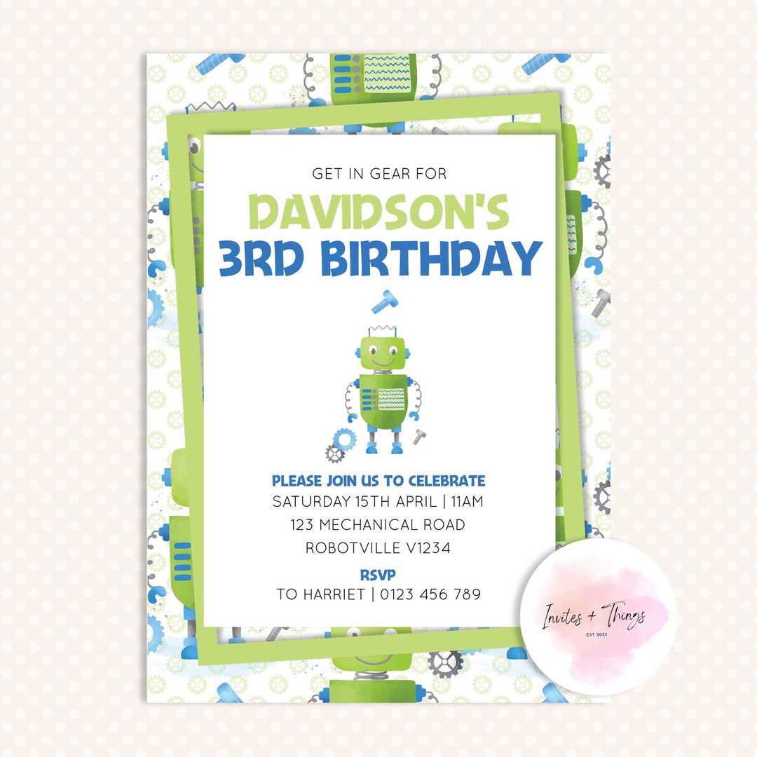 Robot Themed Birthday Party Invitation Blue and Green Robot Invitation ...