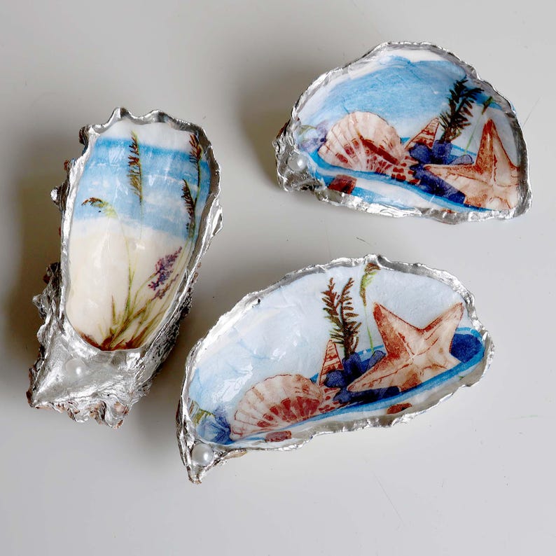 Sea Shell Ring Dish, Oyster Shell Decoupaged Dish, Jewelry Tray, Shell Ring Dish, Beach Lover ...