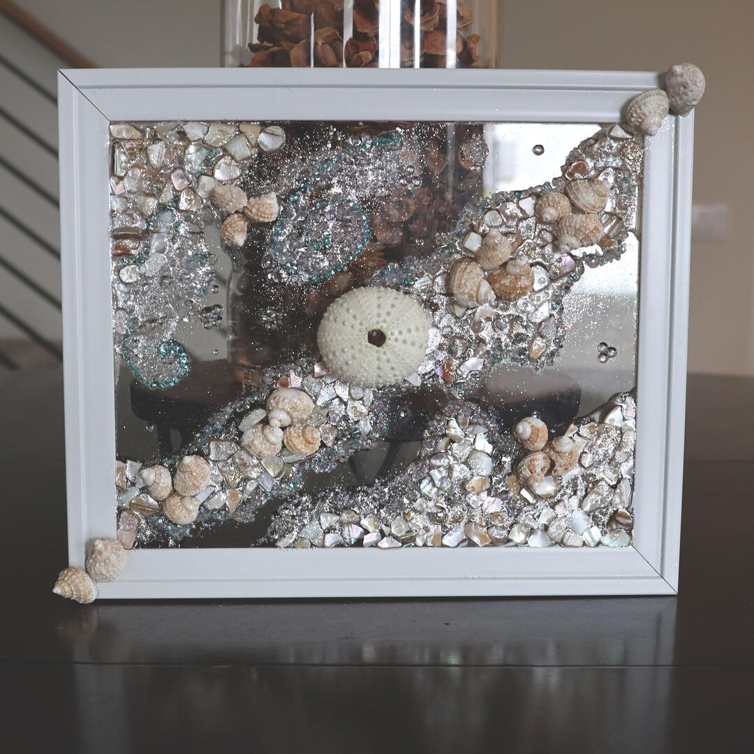 Sea Urchin Shell Art, Seashell and Crushed Glass, Coastal Sea Glass Art ...