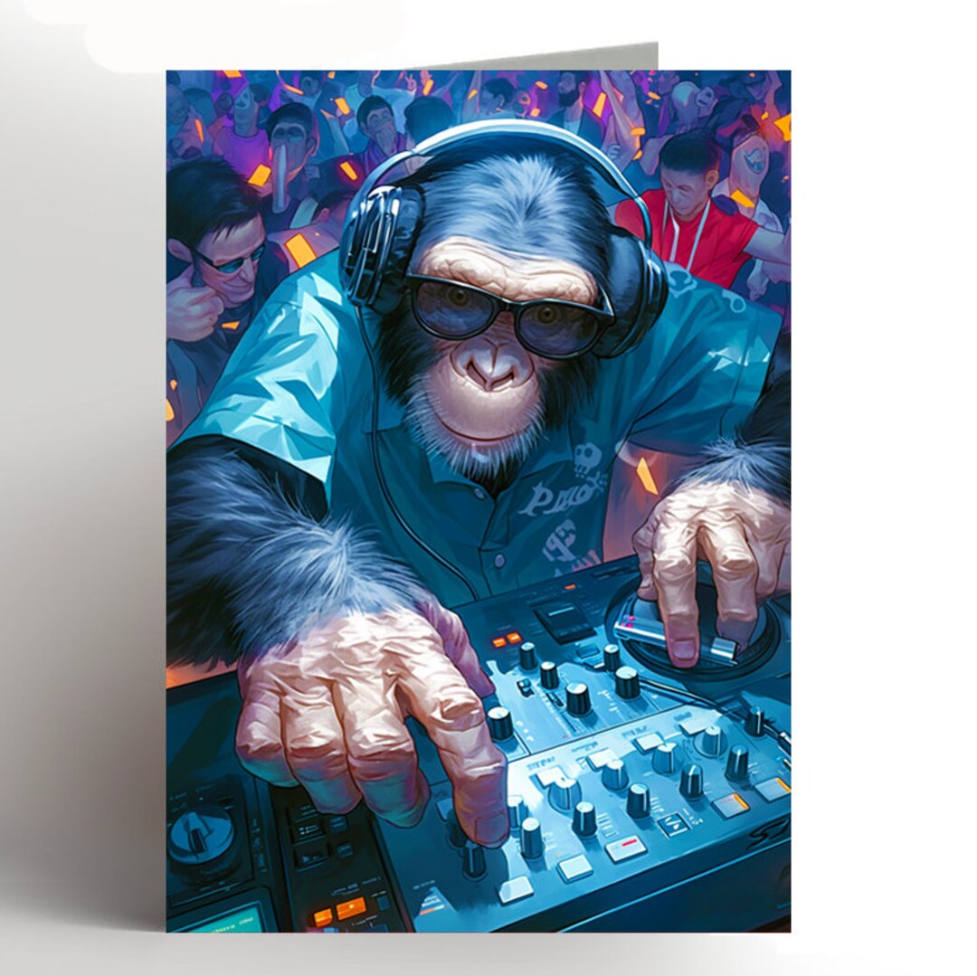 DJ Chimp Card Music Lover Chimpanzee Greeting Card Chimp Card Monkey ...