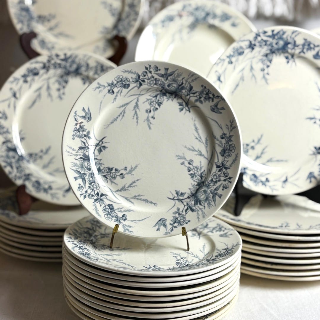 Beautiful Creil Montereau Ironstone Plates, Linotte Pattern, in Blue ...