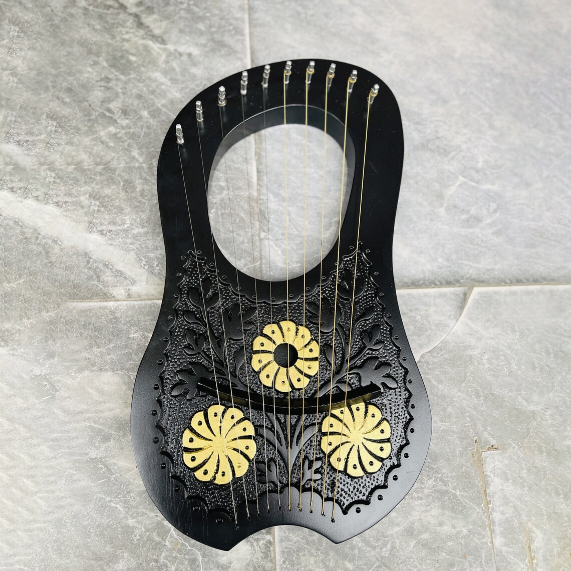 Black Rosewood Engraved Lyre Harp With Ten Metal Strings - A Melodic ...
