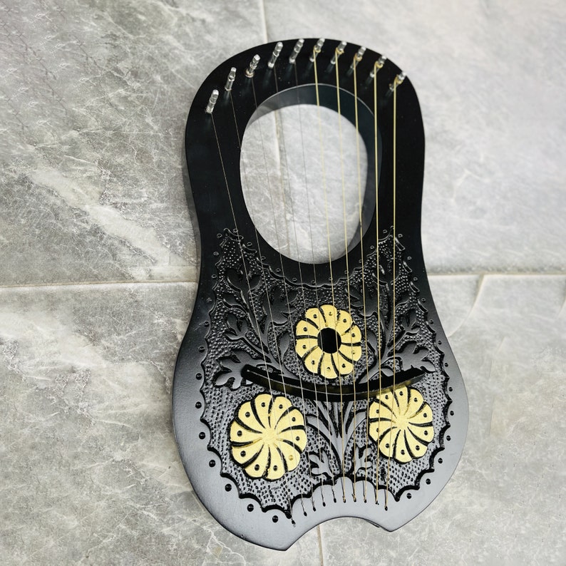 Black Rosewood Engraved Lyre Harp With Ten Metal Strings - A Melodic ...