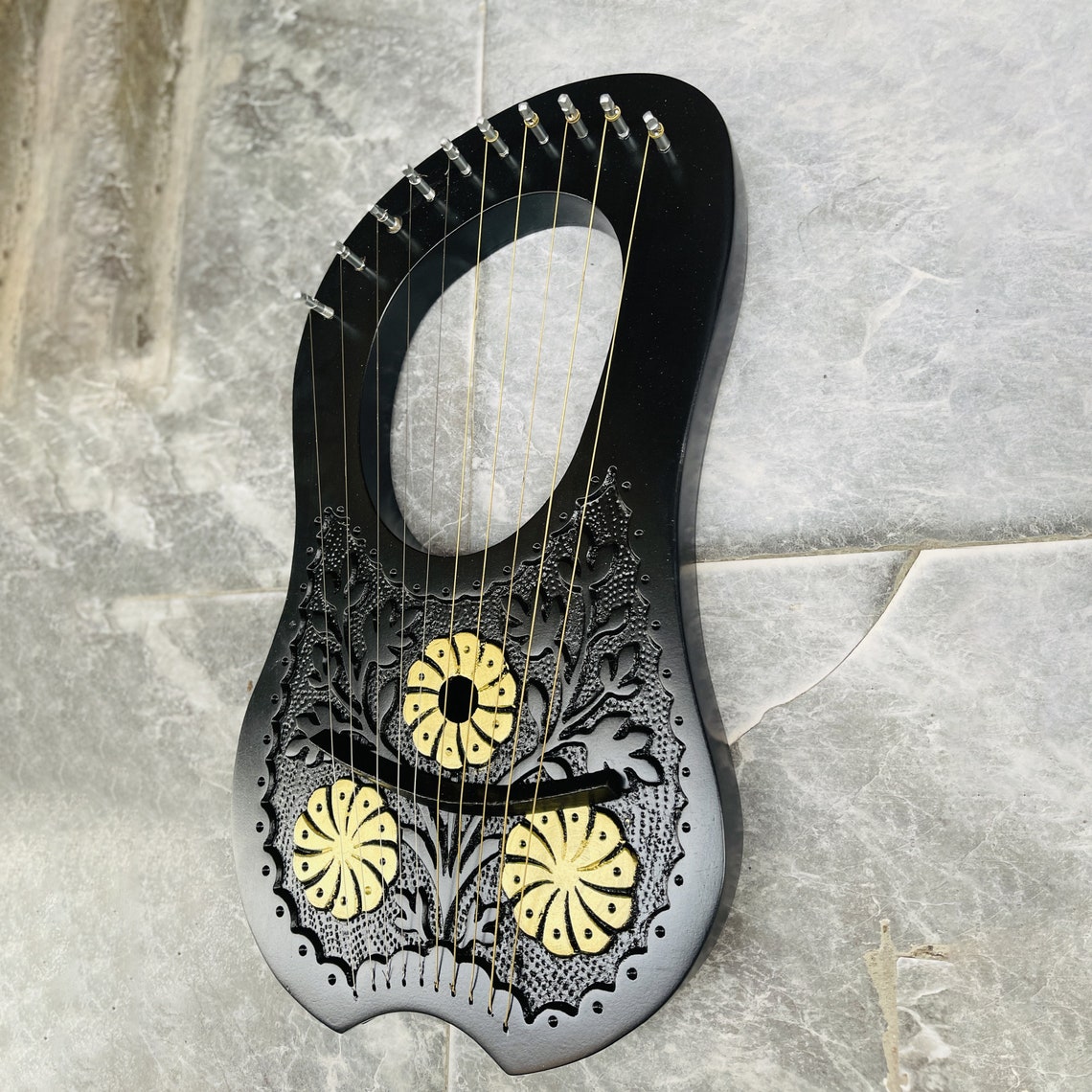 Black Rosewood Engraved Lyre Harp With Ten Metal Strings - A Melodic ...