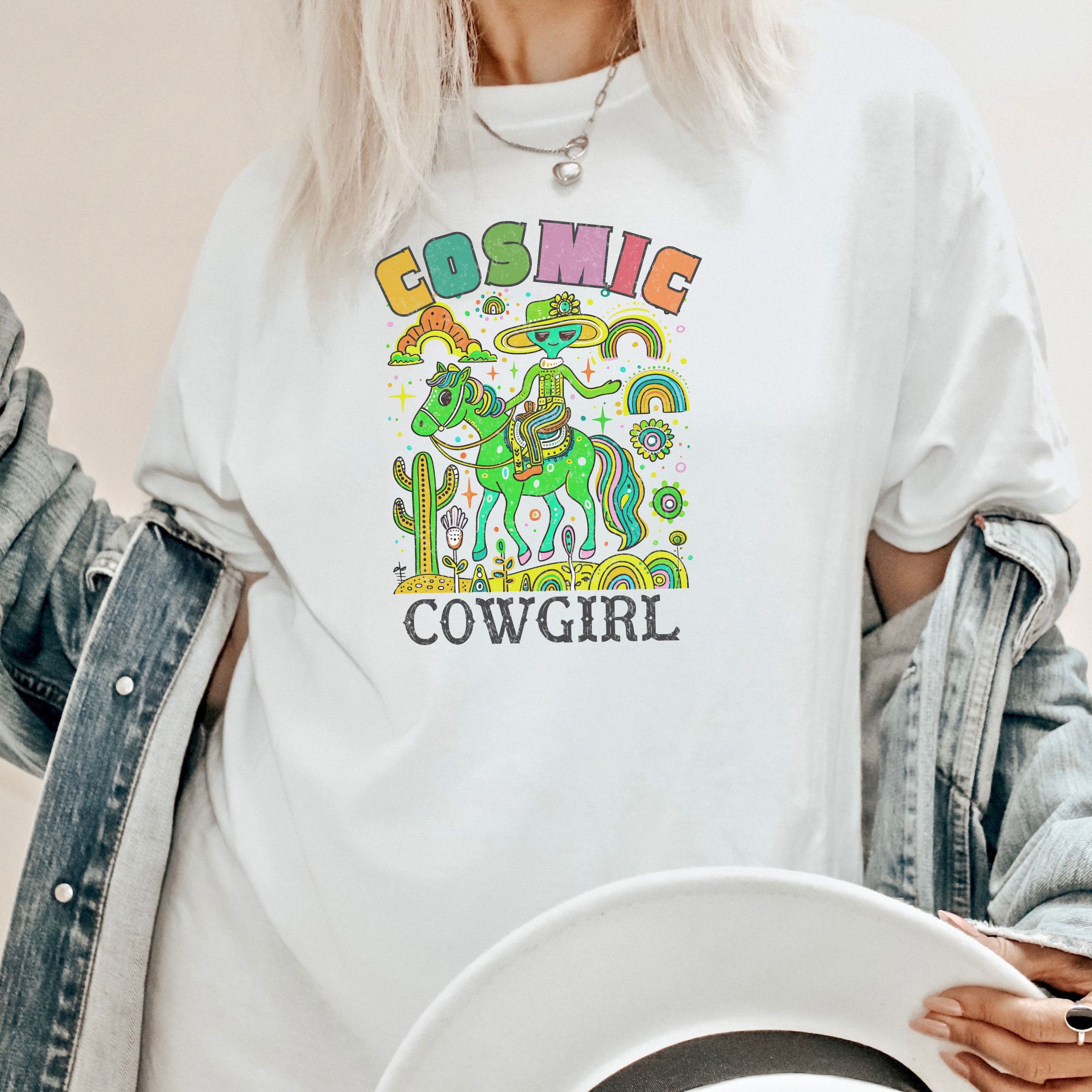 Cosmic Cowgirl UFO Shirt, Retro Alien Graphic Shirt, Cute Alien Cowboy ...