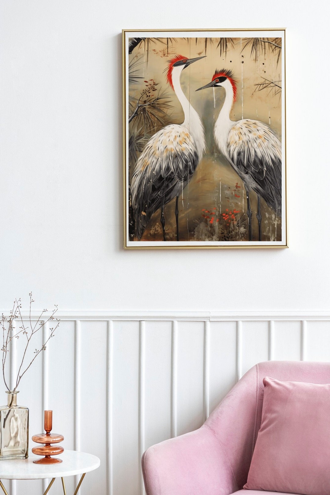 Digital Acrylic Vintage Japanese Cranes, Abstract Paintings, Wall Décor ...