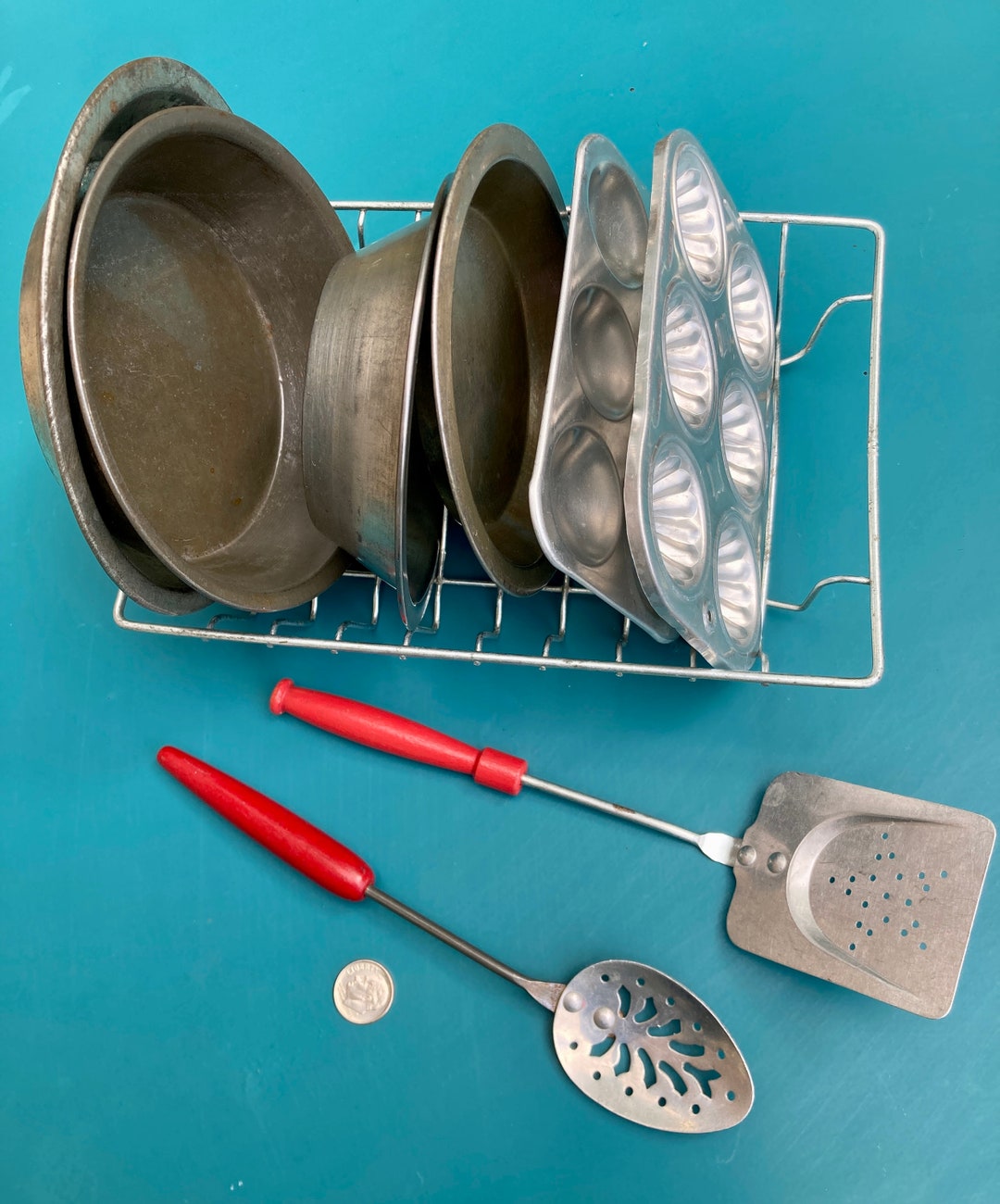 Toy Metal Dish Drainer, Baking Pans, Muffin Tins, Slotted Spoon, Cookie ...