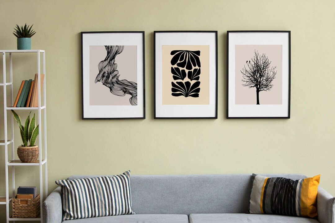 3-piece Digital Wall Decor Set, Black Tree Art, Abstract Linework ...