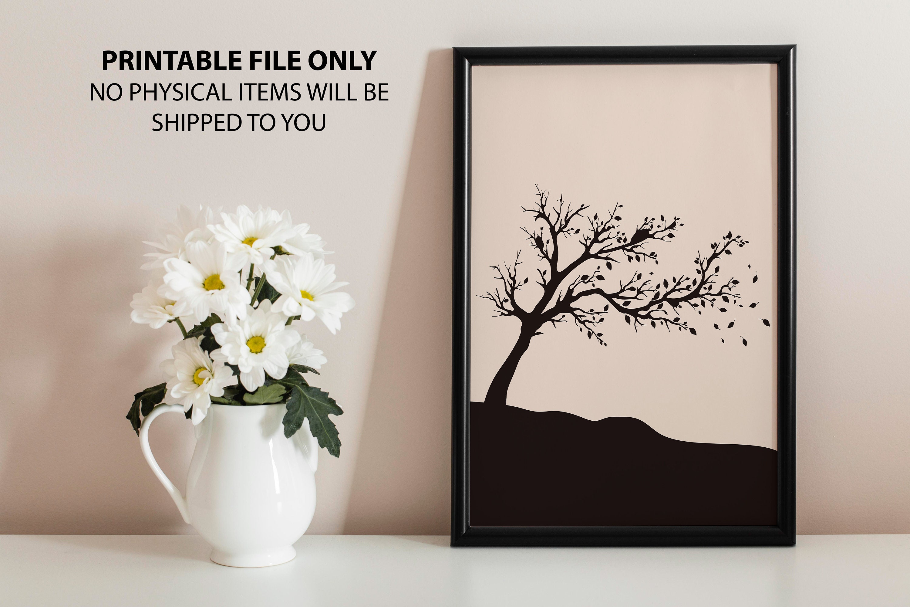 Black Fall Tree Art, Minimalist Line Drawing Wall Decor, Black Wall Art ...