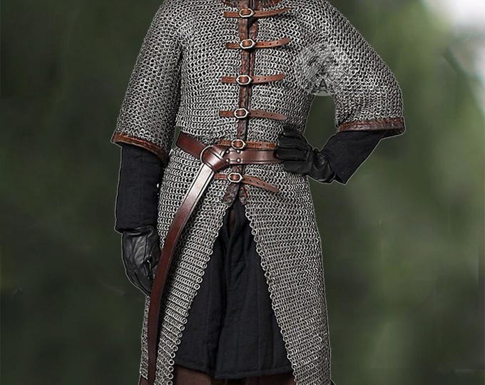 Chainmail Hauberk Front Open 9 MM Flat Ring Riveted Half Sleeve for ...