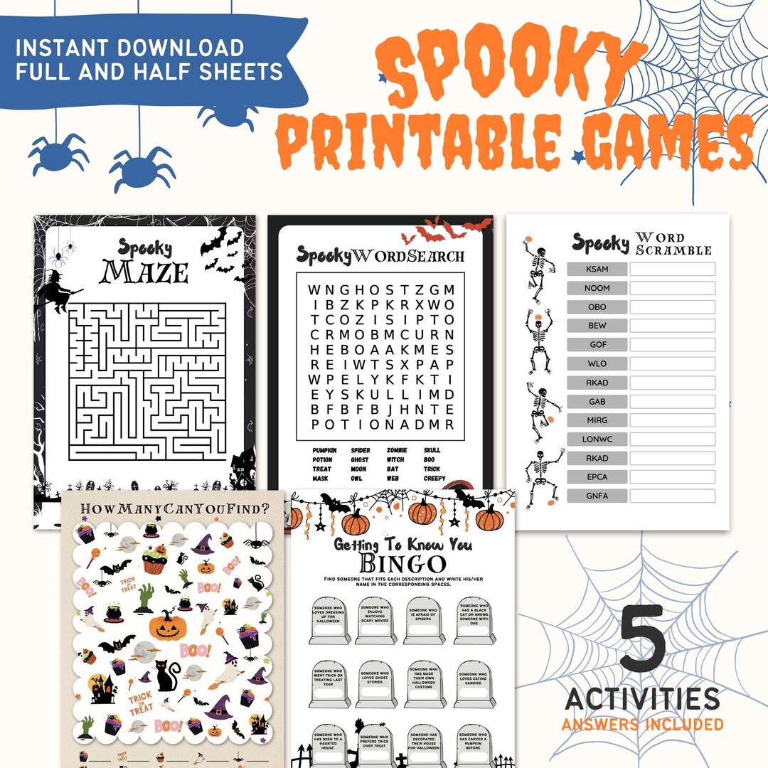 Spooky Printable Games Bundle, 5 Fun Activity Sheets, Halloween Party ...