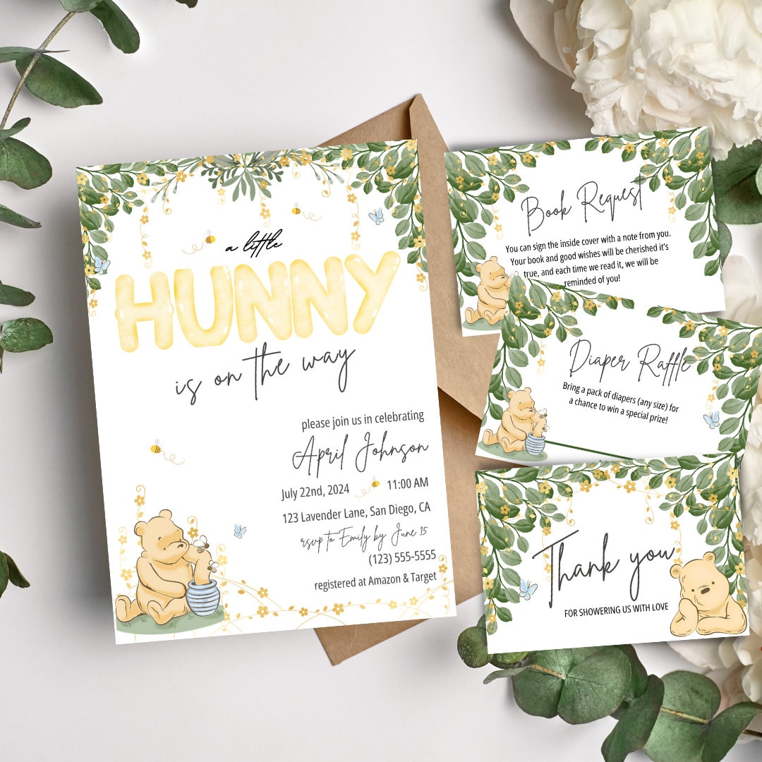 Classic Winnie the Pooh Invitation Bundle, Gender Neutral Baby Shower ...