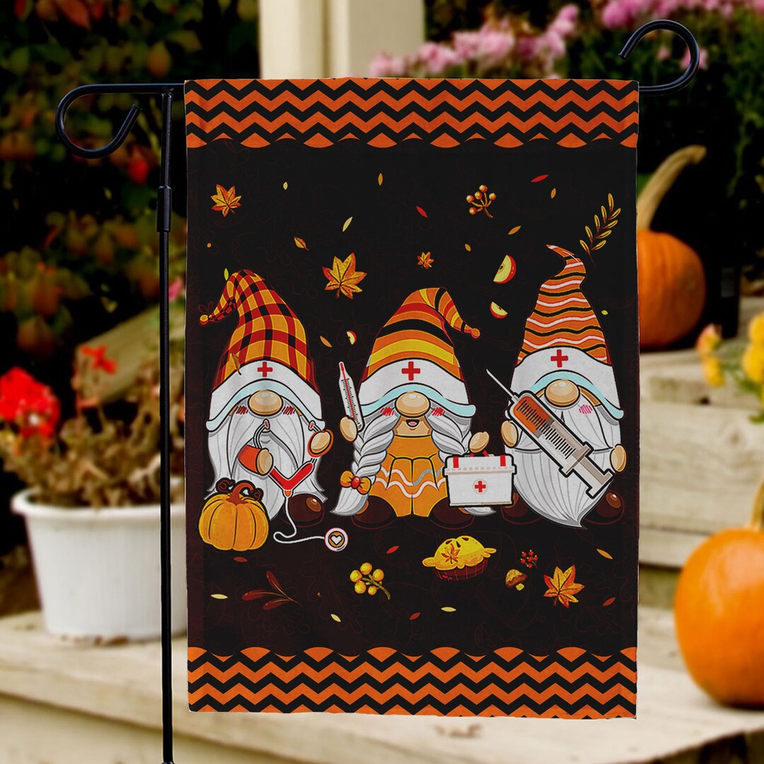 Vintage Gnome Happy Fall Flag, Red and Yellow Leaves Flag, Thanksgiving ...