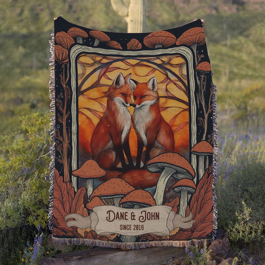 Earthtone Fox Fungus Couple Custom Blanket, Fox Wedding Fairycore With ...