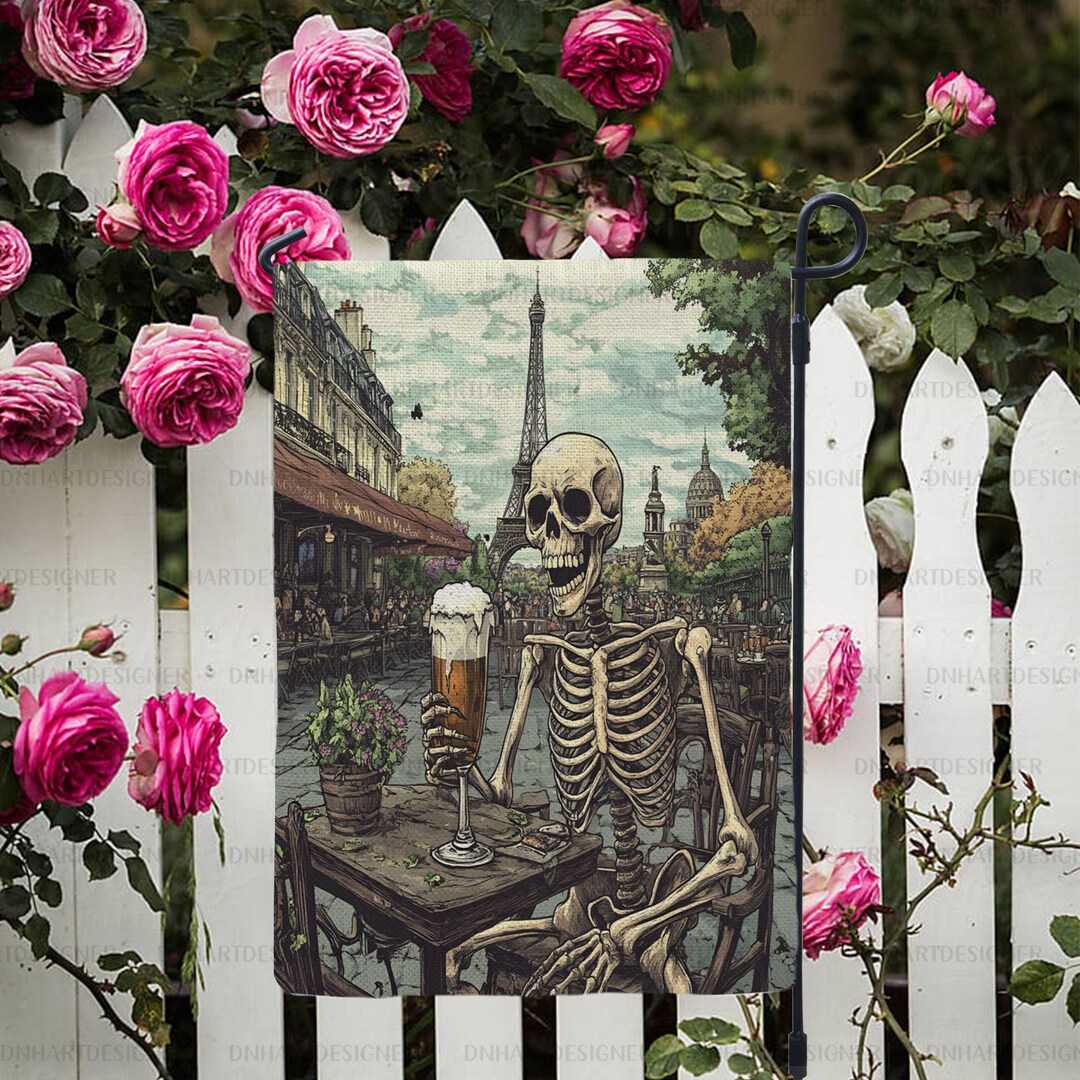 French Skeleton Drinking Beer Garden Flag, Drink Beer Til Death Flag ...