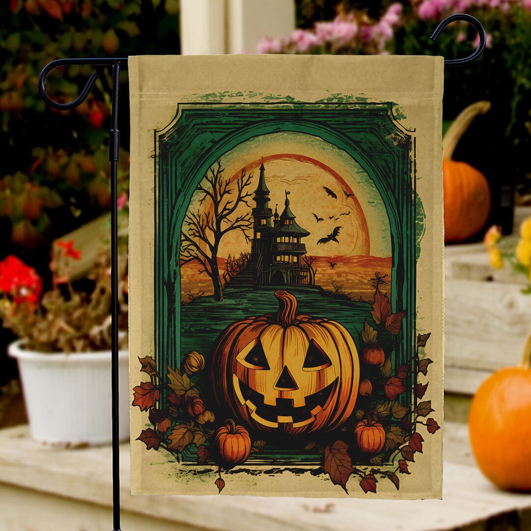 Haunted House & Pumpkin Flag, Jack O Lantern Flag, Horror Theme Flag ...
