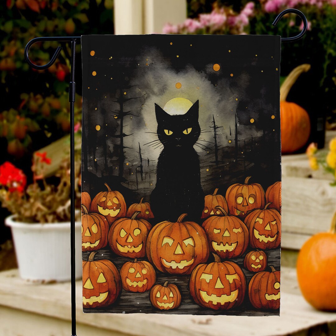 Black Cat in the Night Flag, Halloween Horror Flag, Pumpkin Flag, Jack ...