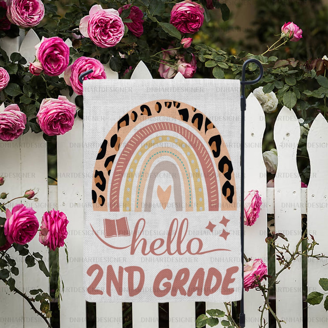 Cheerful Leopard Print Rainbow Flag, Hello 2nd Grade Greeting Flag ...